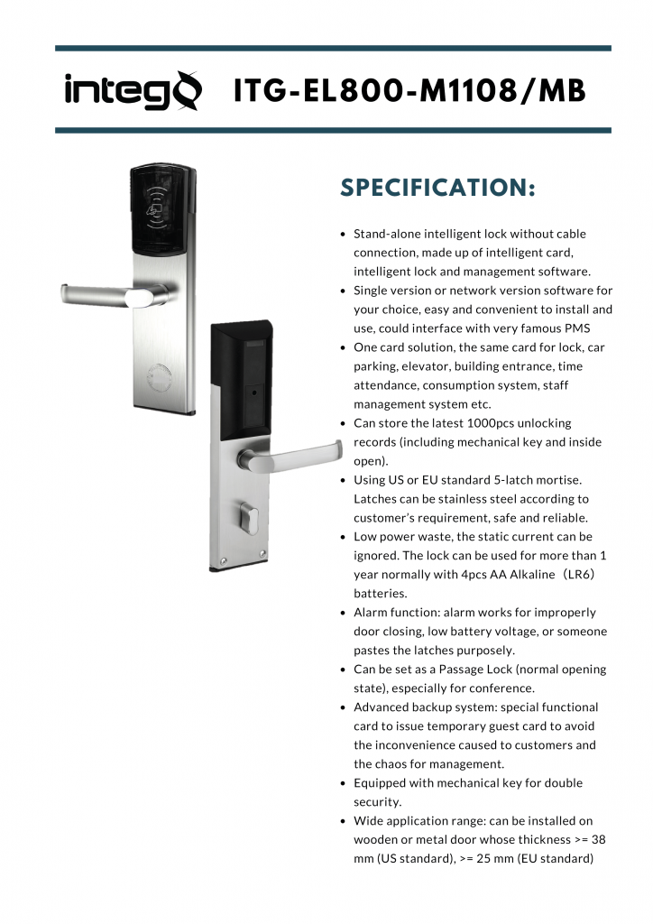 Intego Hotel Lock - ITG-EL800-M1108/MB | Intego Technologies